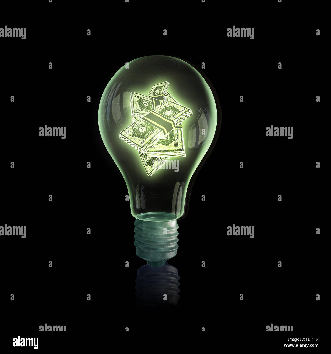 Light bulb with money banknotes on dark background Stock Photo - Alamy
