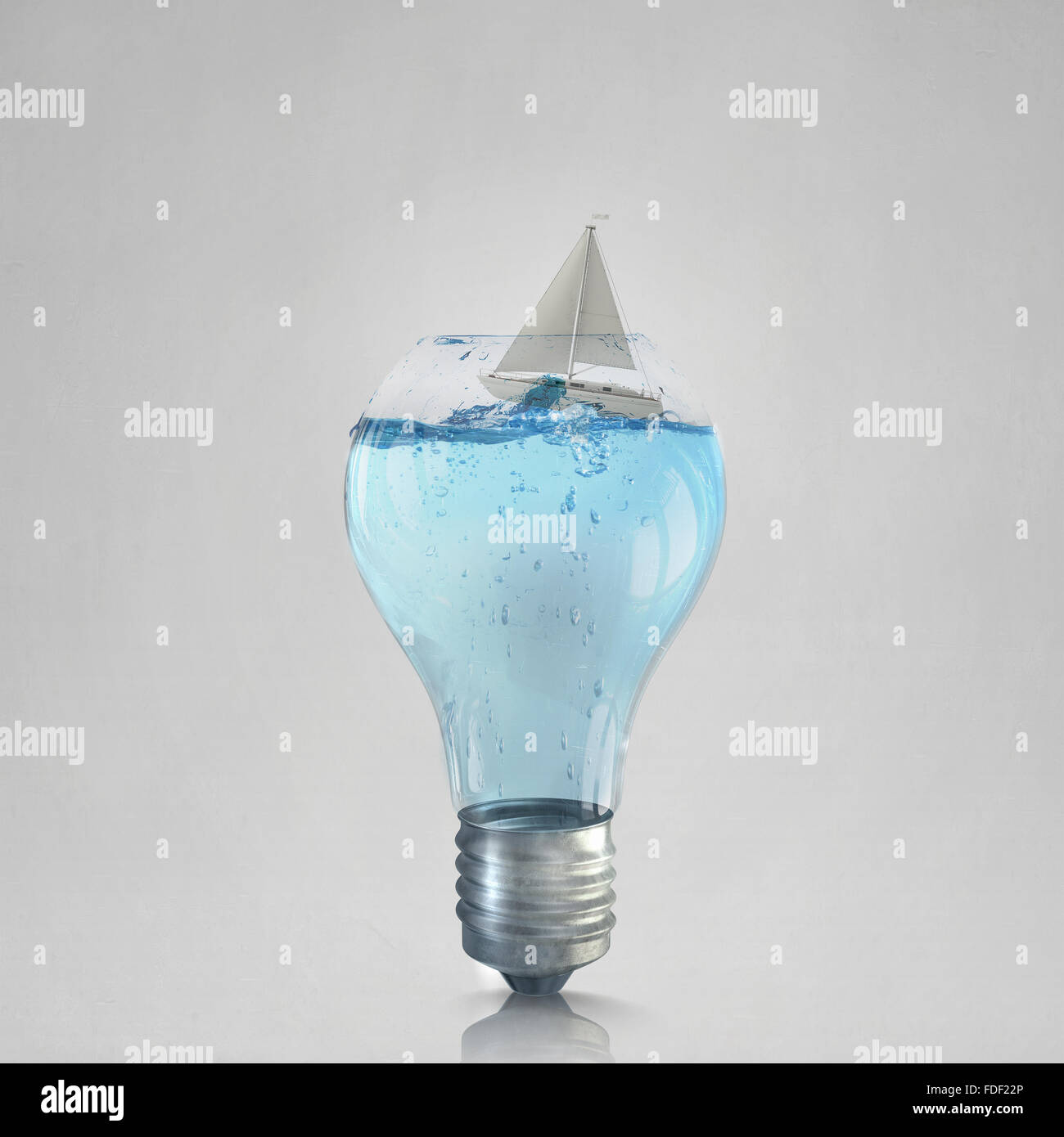 Concept of ecology with light bulb filled with water and boat floating ...