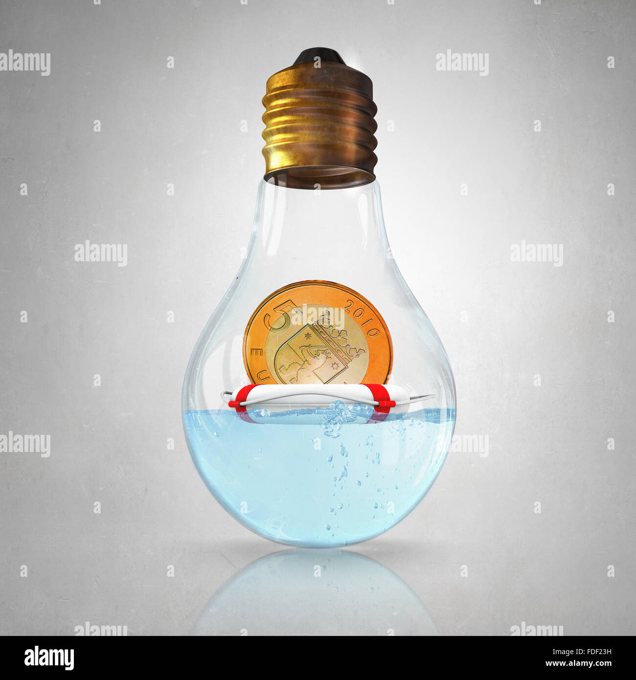 Glass light bulb with euro coin in buoy floating inside Stock Photo - Alamy