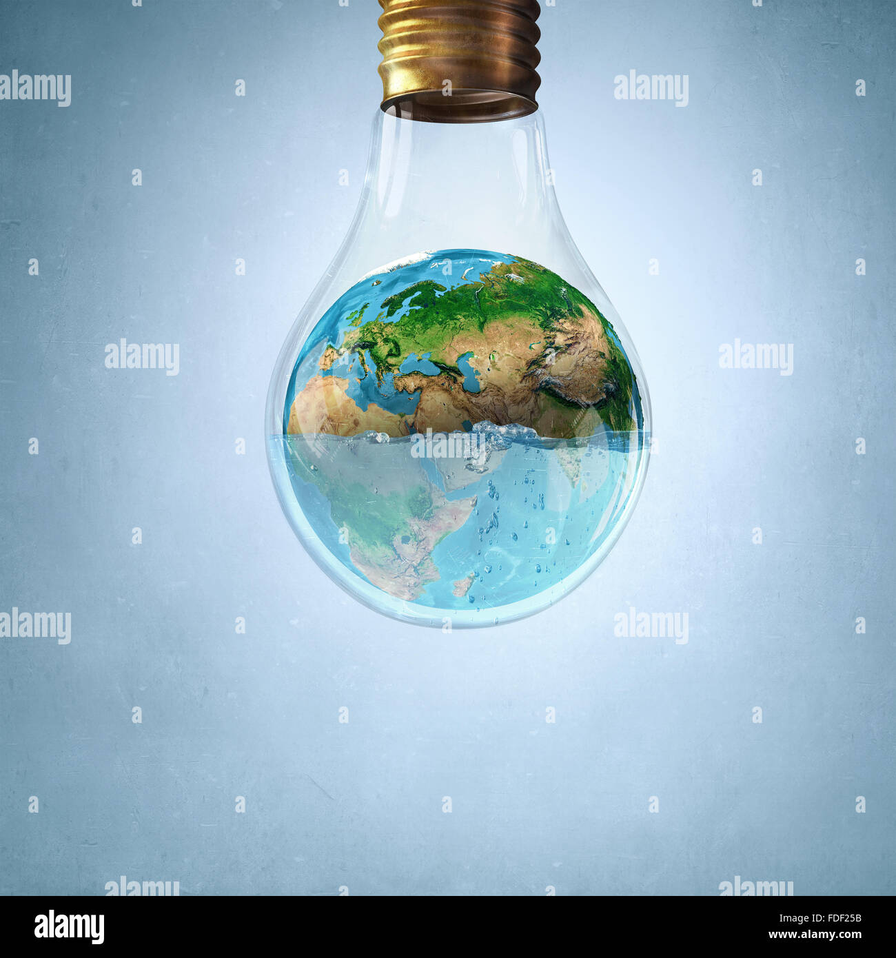 Glass light bulb filled with water and floating Earth planet. Elements ...