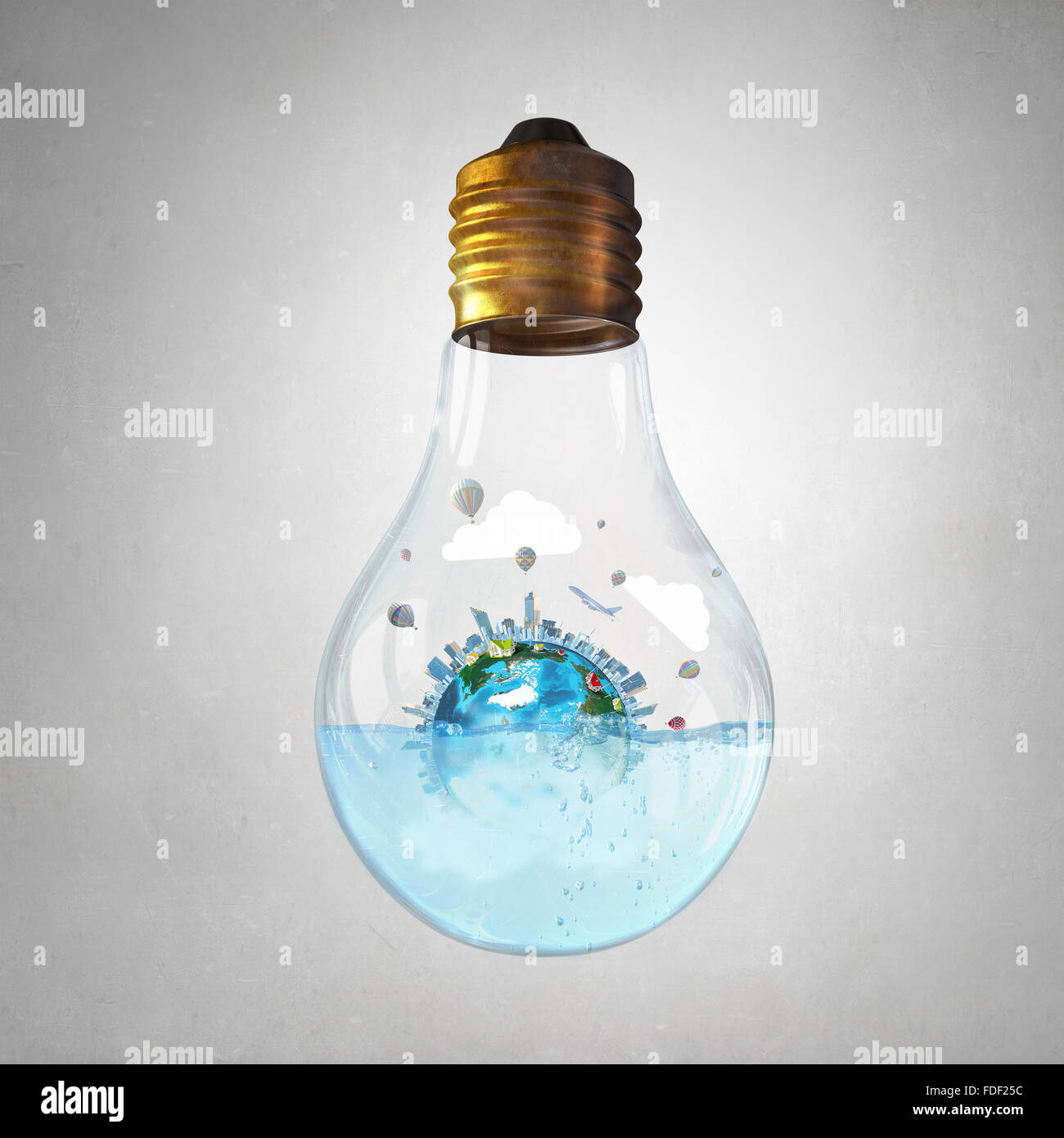 Glass light bulb filled with water and floating Earth planet. Elements ...