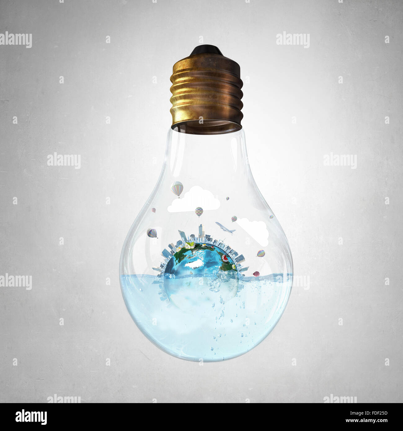 Glass light bulb filled with water and floating Earth planet. Elements ...