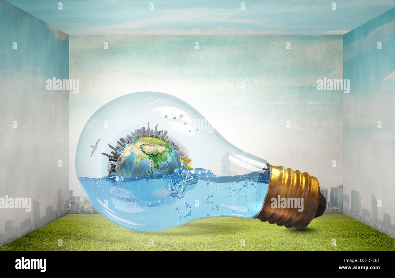 Glass light bulb filled with water and floating Earth planet. Elements ...