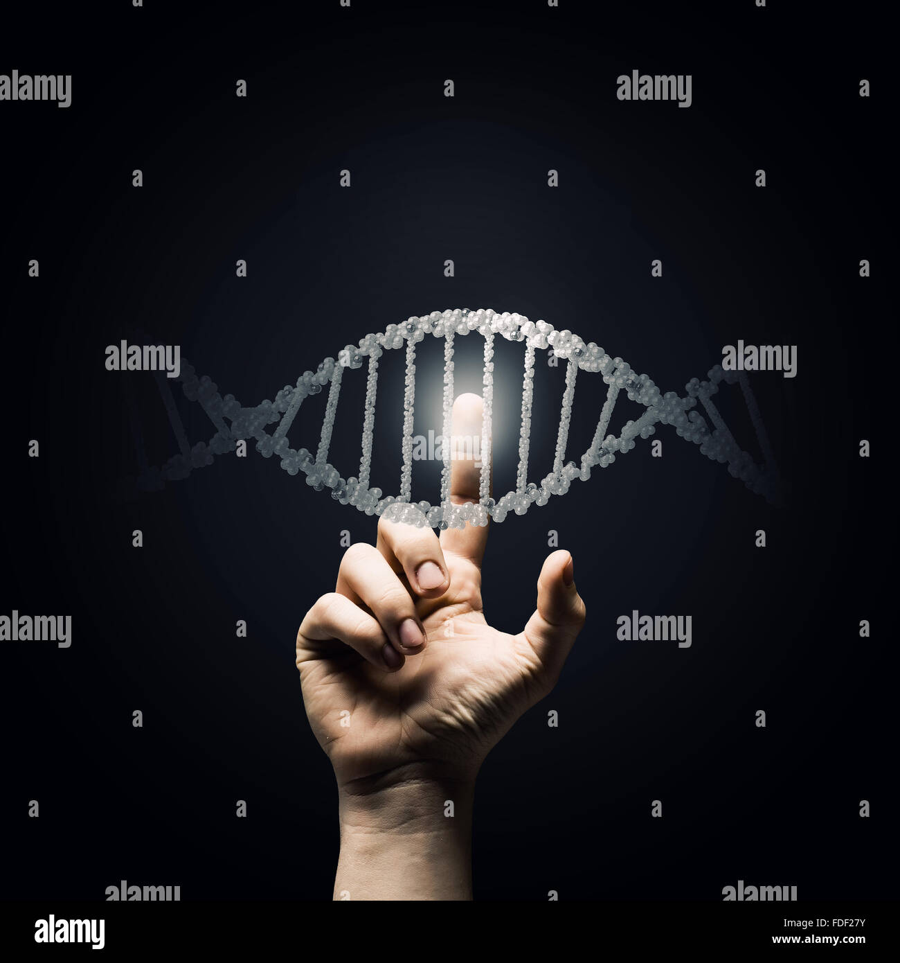 Science concept image of human hand touching DNA molecule Stock Photo ...
