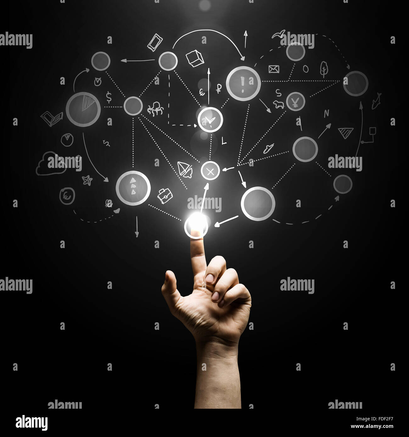 Human hand pressing icon of media screen with connection lines Stock ...