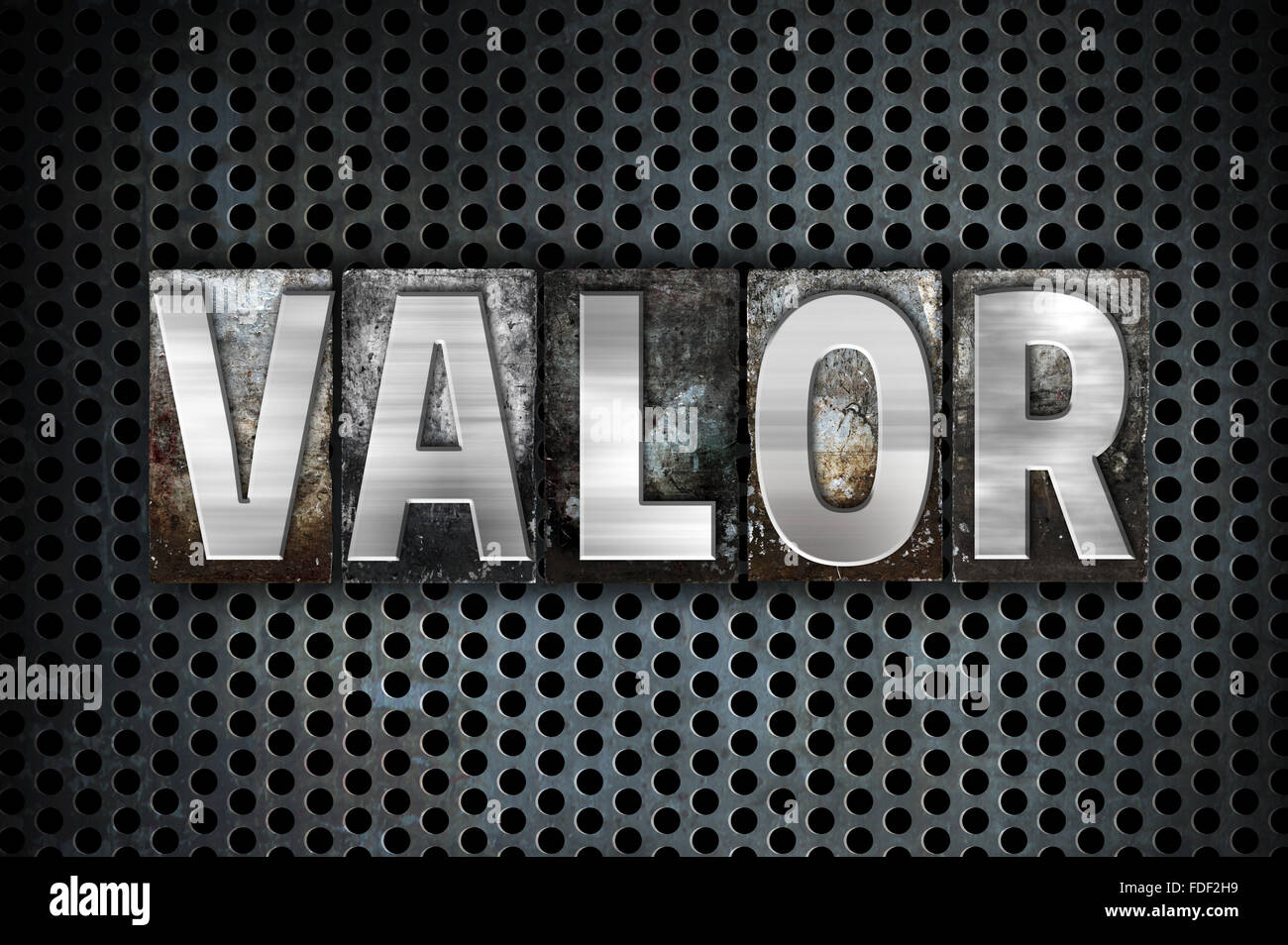 The word "Valor" written in vintage metal letterpress type on a black ...