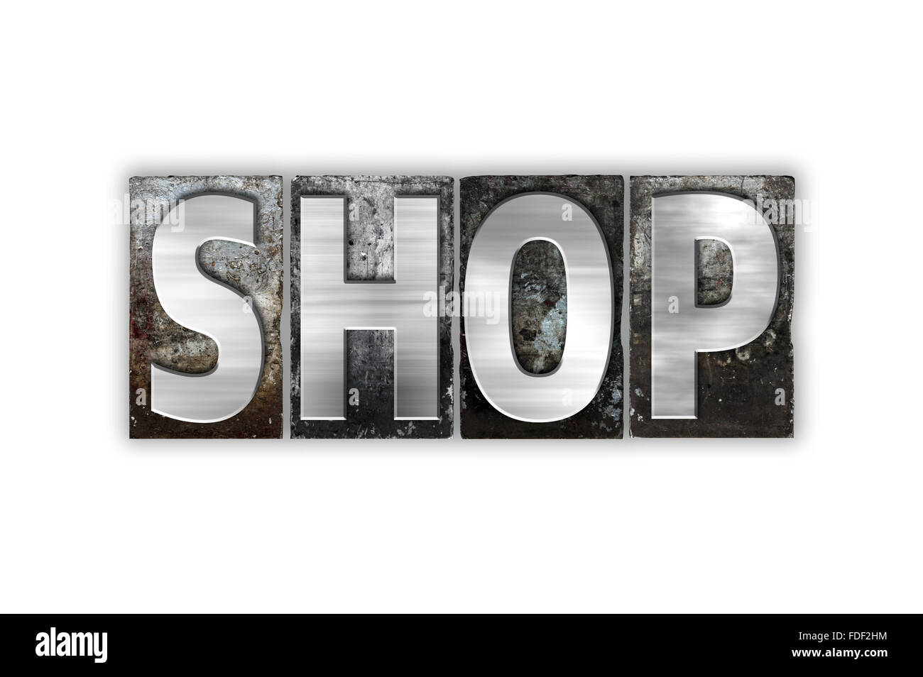 The word "Shop" written in vintage metal letterpress type isolated on a ...