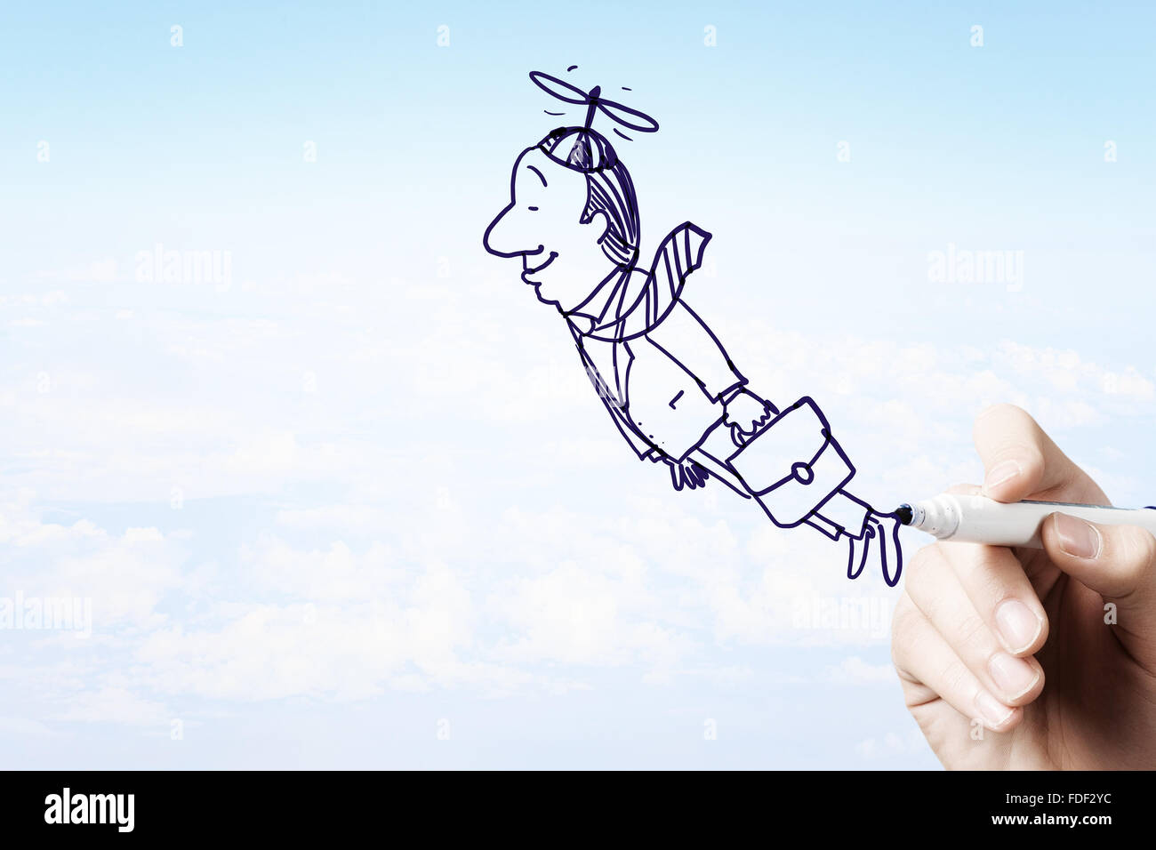 Man hand drawing caricature of businessman flying away Stock Photo - Alamy