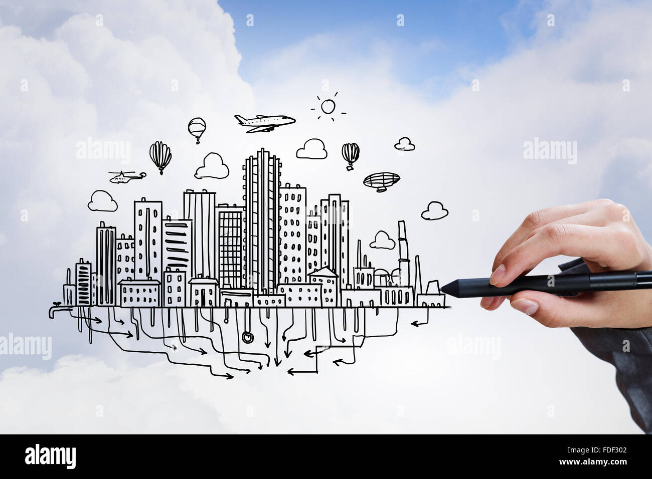 Hand drawing with marker sketches of construction project on sky ...