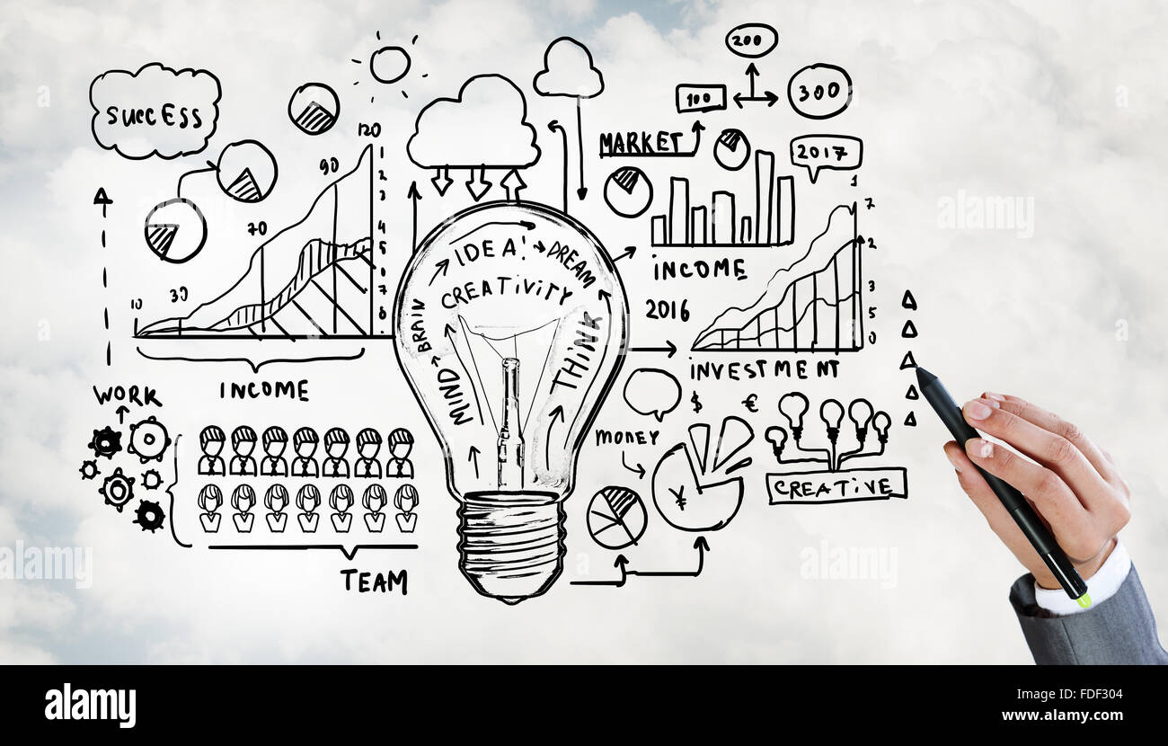 Person hand drawing business strategy plan on sky background Stock ...