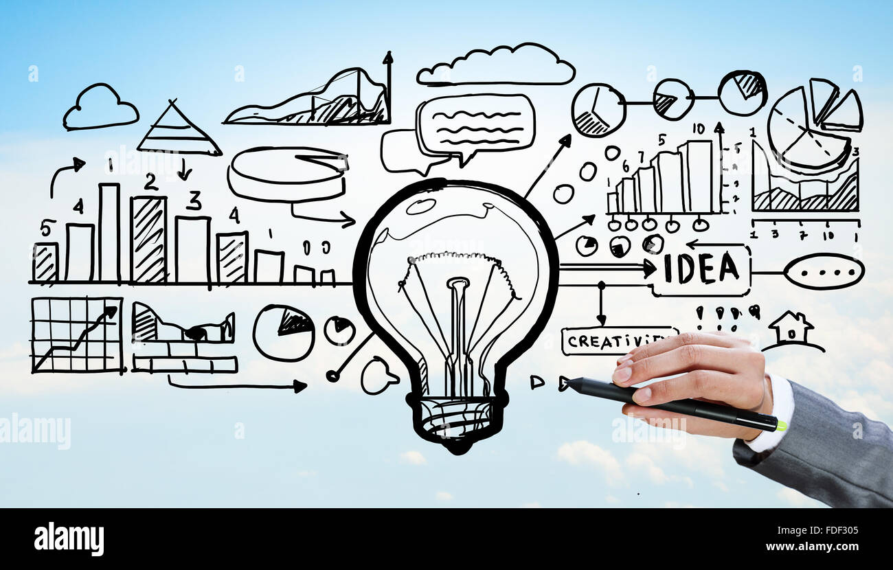 Person hand drawing business strategy plan on sky background Stock ...