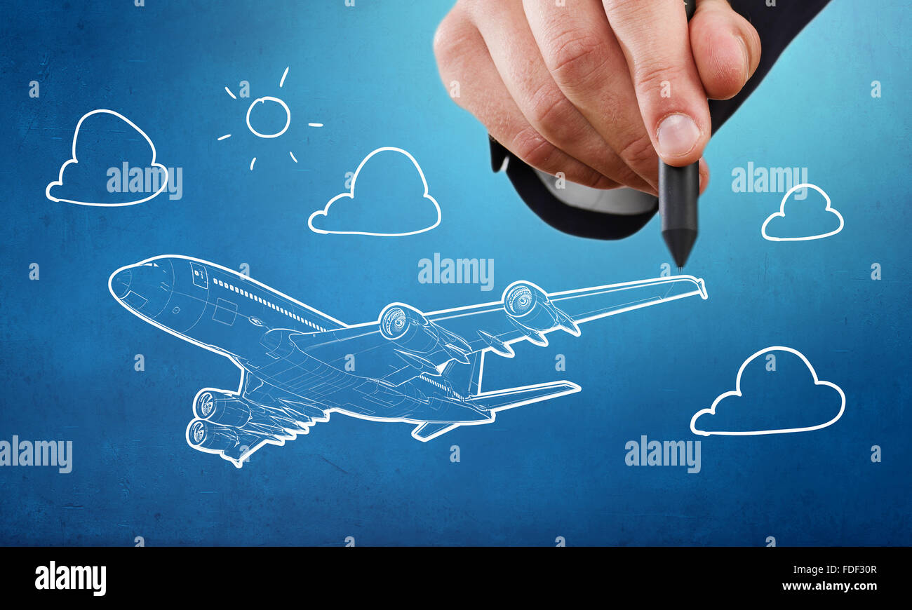 Person drawing airplane model on sky background Stock Photo - Alamy