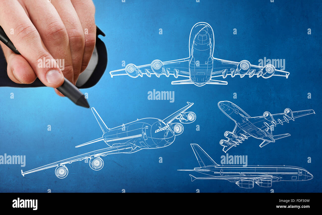 Person drawing airplane model on sky background Stock Photo - Alamy