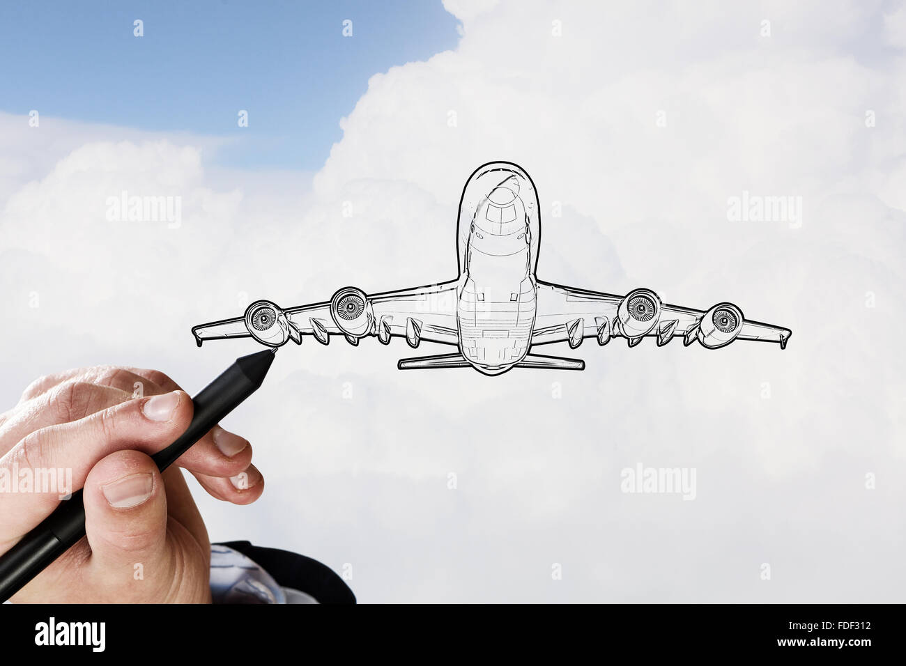 Person drawing airplane model on sky background Stock Photo - Alamy