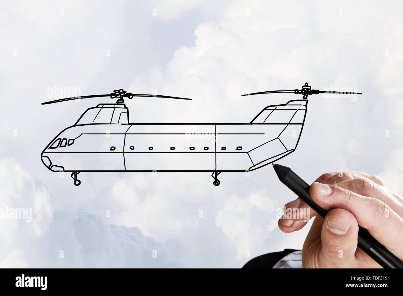Person hand drawing helicopter model ob sky background Stock Photo - Alamy