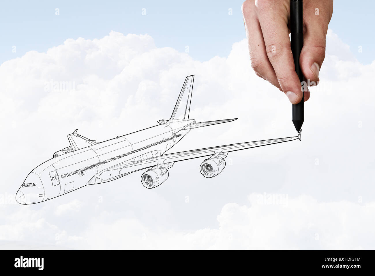 Person drawing airplane model on sky background Stock Photo - Alamy