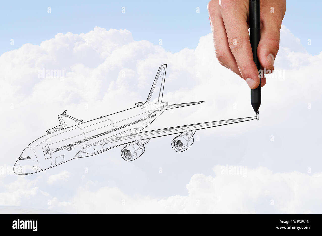 Person drawing airplane model on sky background Stock Photo - Alamy
