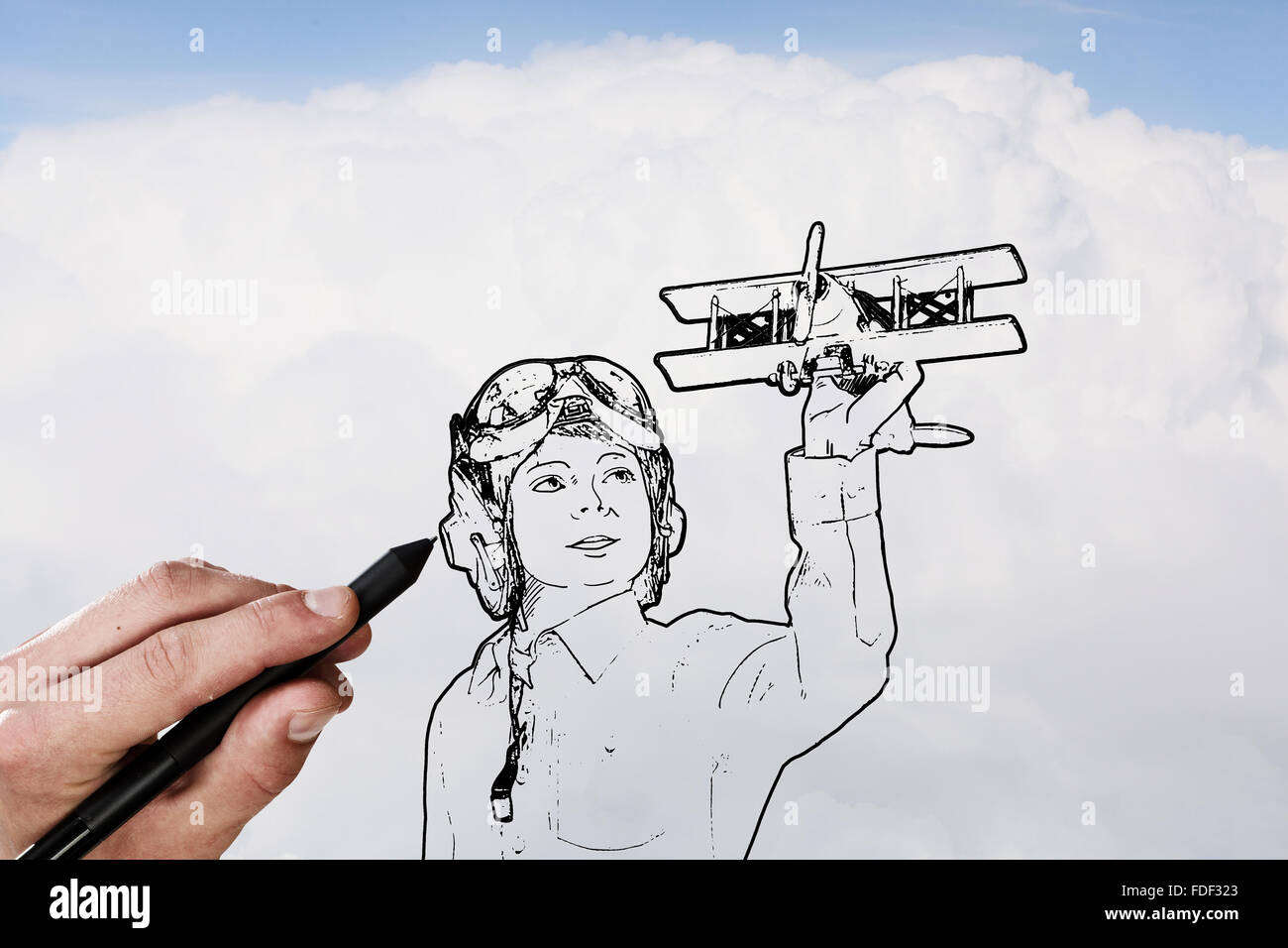 Person hand drawing pilot with old airplane on sky background Stock ...
