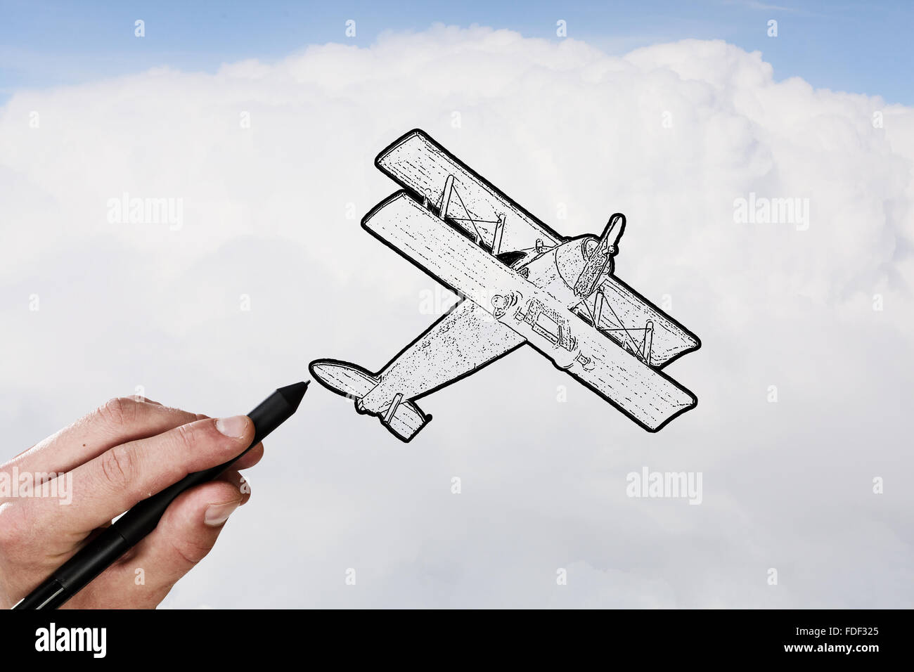 Person hand drawing old airplane on sky background Stock Photo - Alamy