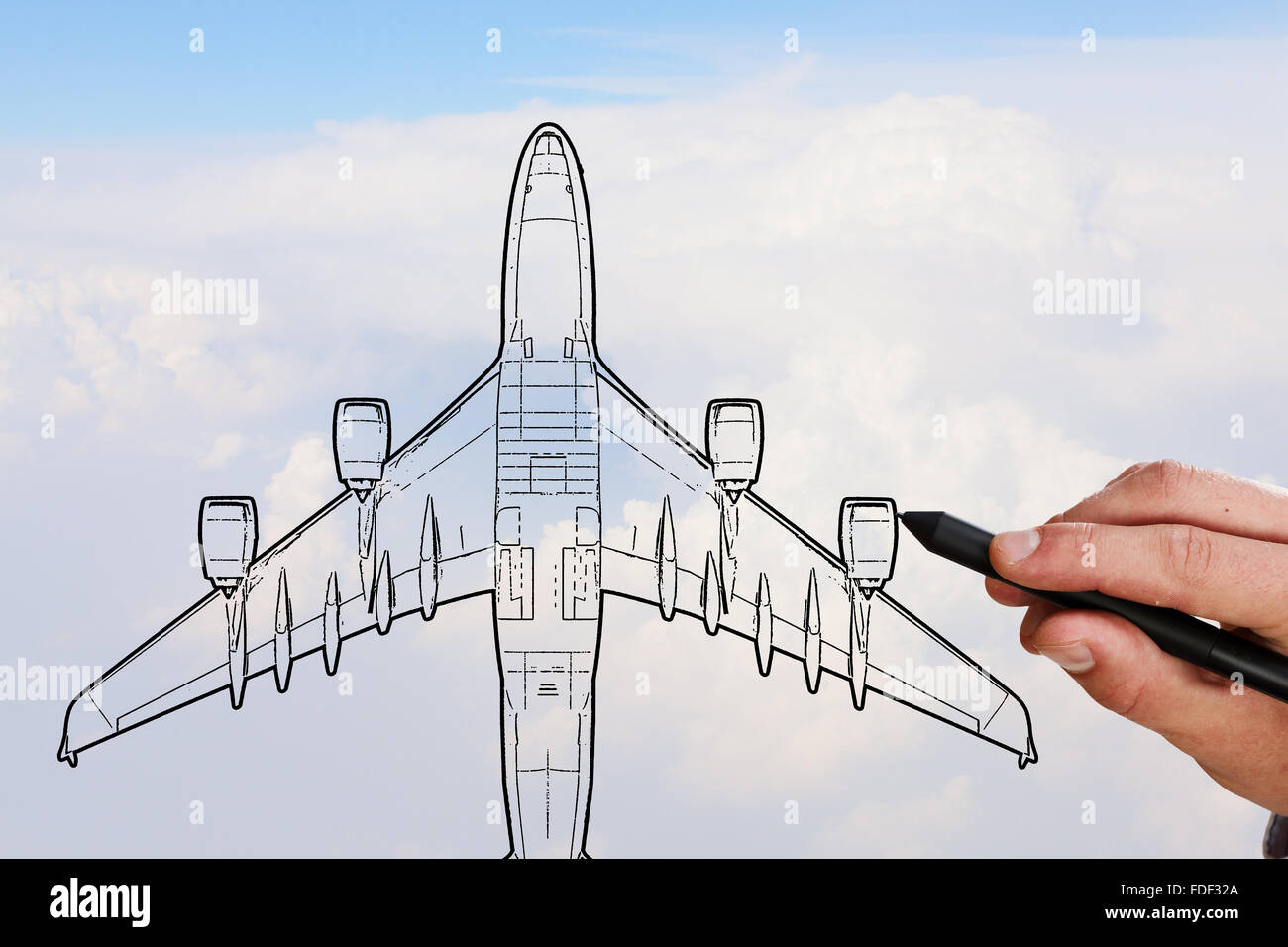 Person drawing airplane model on sky background Stock Photo - Alamy