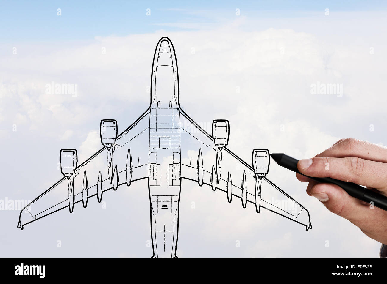 Person drawing airplane model on sky background Stock Photo - Alamy