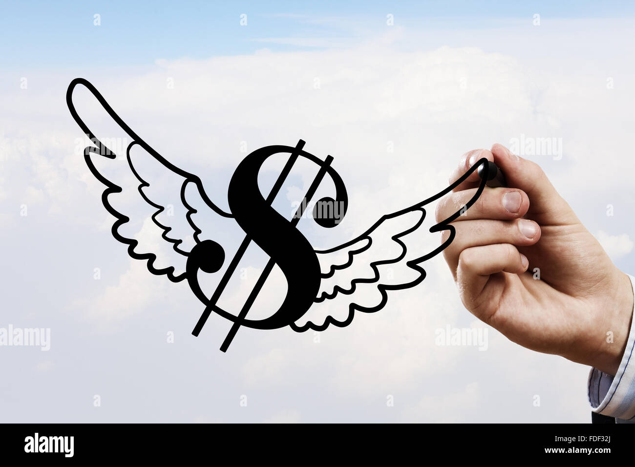 Businessman hand drawing dollar flying sign on sky background Stock ...