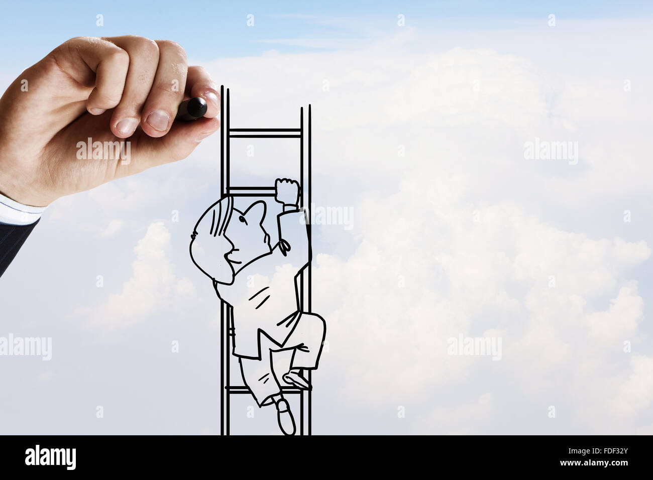 Human hand drawing caricature of man climbing ladder Stock Photo - Alamy