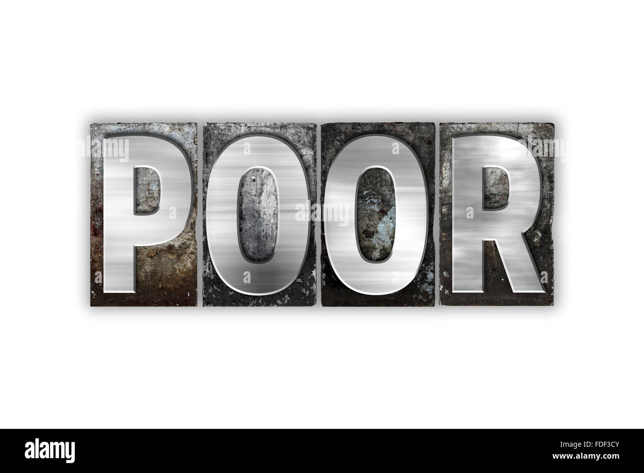 The word "Poor" written in vintage metal letterpress type isolated on a ...