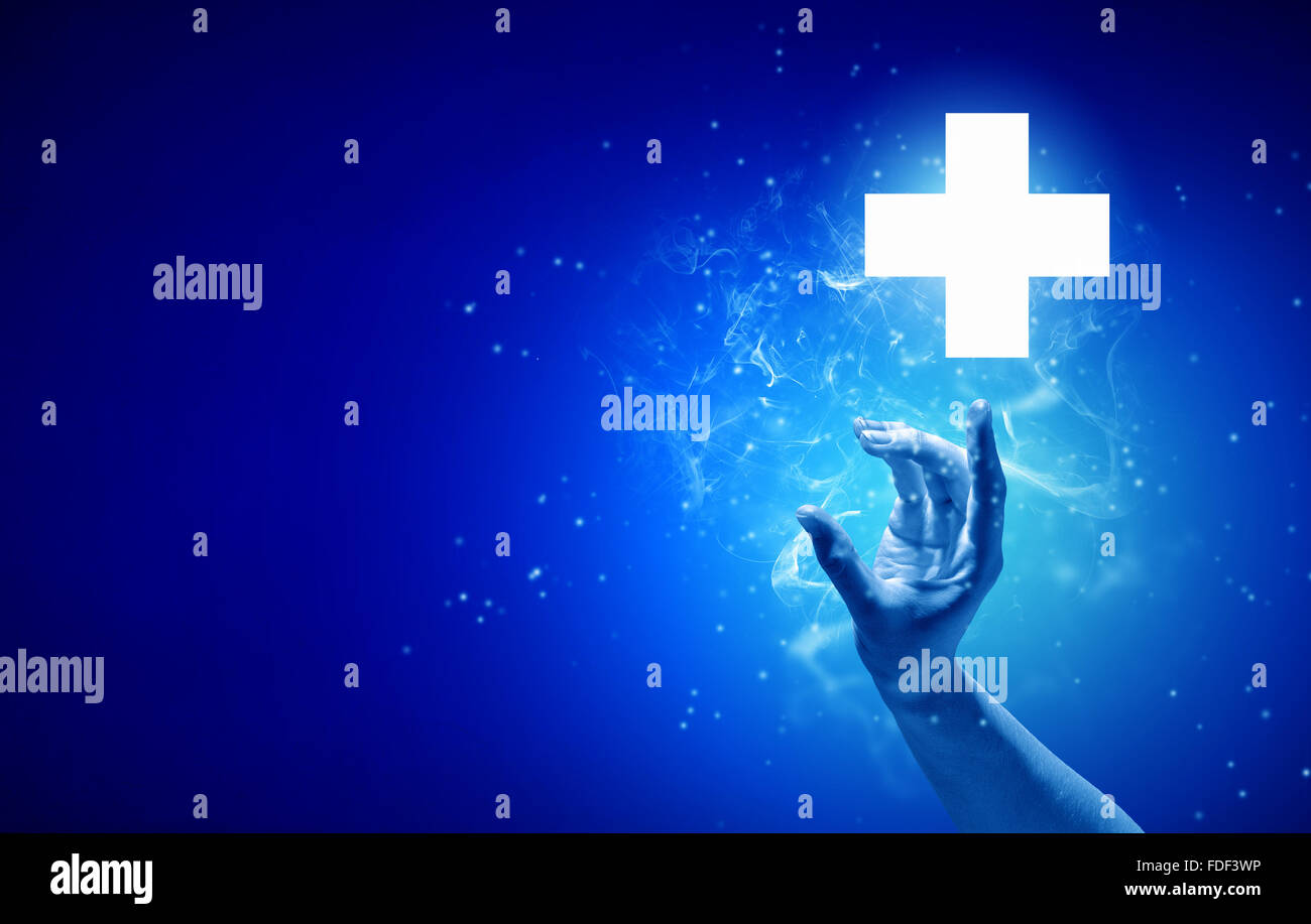 Hand pressing plus sign icon button on blue screen Stock Photo - Alamy