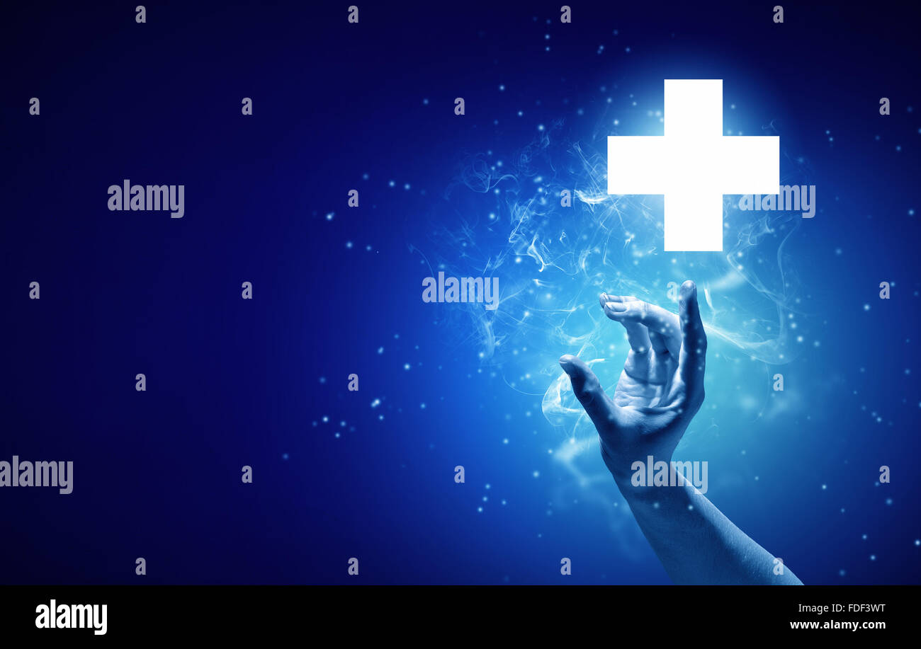 Hand pressing plus sign icon button on blue screen Stock Photo - Alamy