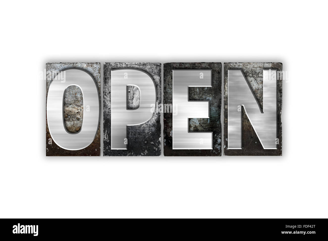 The word "Open" written in vintage metal letterpress type isolated on a ...
