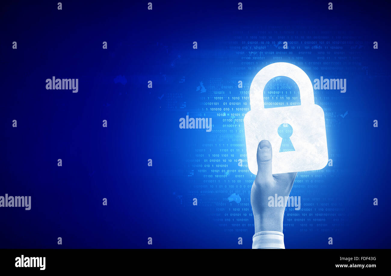 Close up of human hand with digital lock icon Stock Photo - Alamy