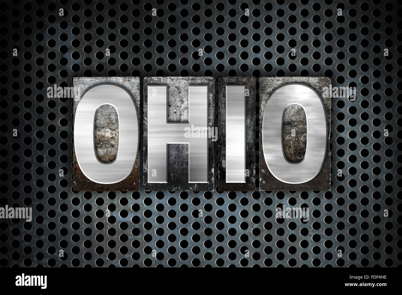 The word "Ohio" written in vintage metal letterpress type on a black ...