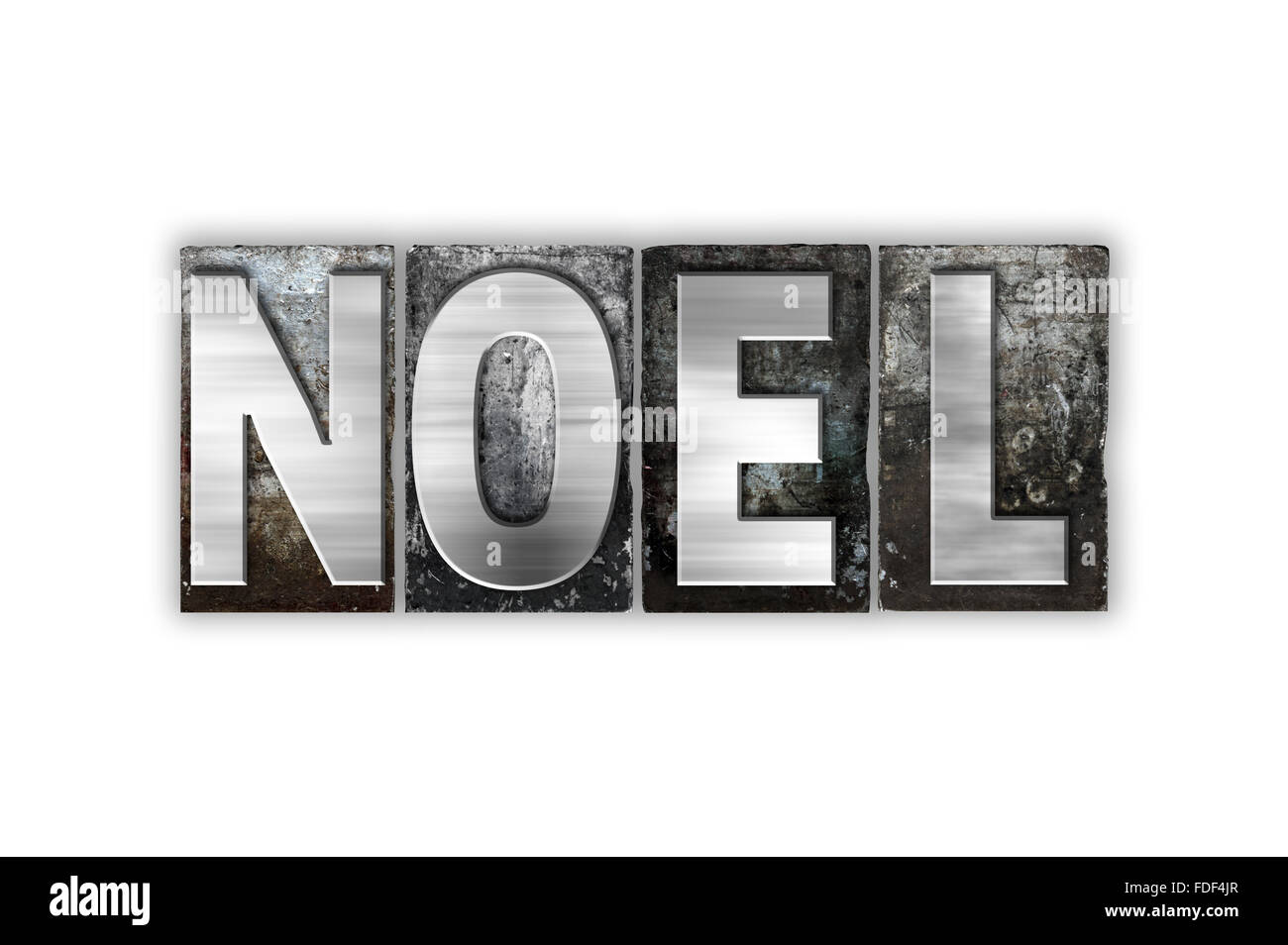 The word "Noel" written in vintage metal letterpress type isolated on a ...