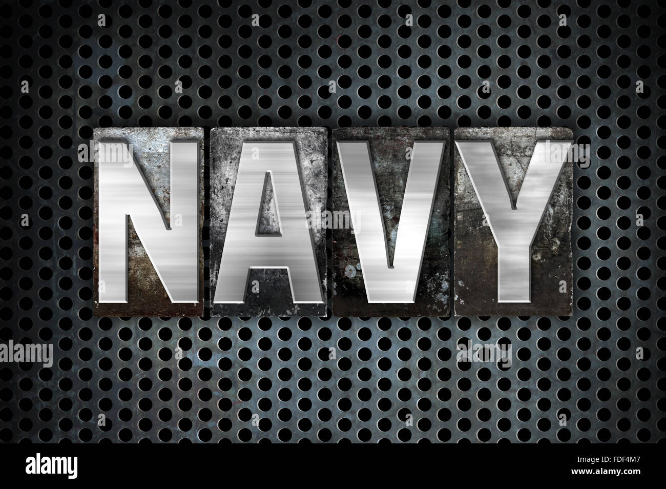 The word "Navy" written in vintage metal letterpress type on a black ...