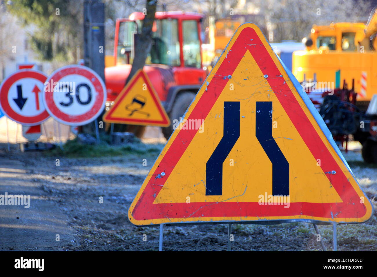 traffic signs at a construction site Stock Photo - Alamy