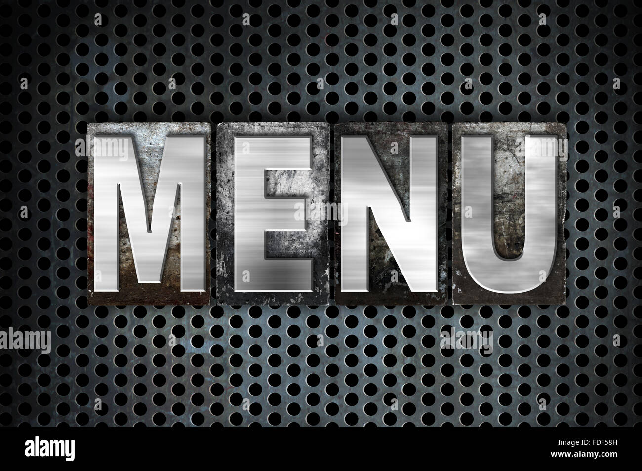 The word "Menu" written in vintage metal letterpress type on a black ...