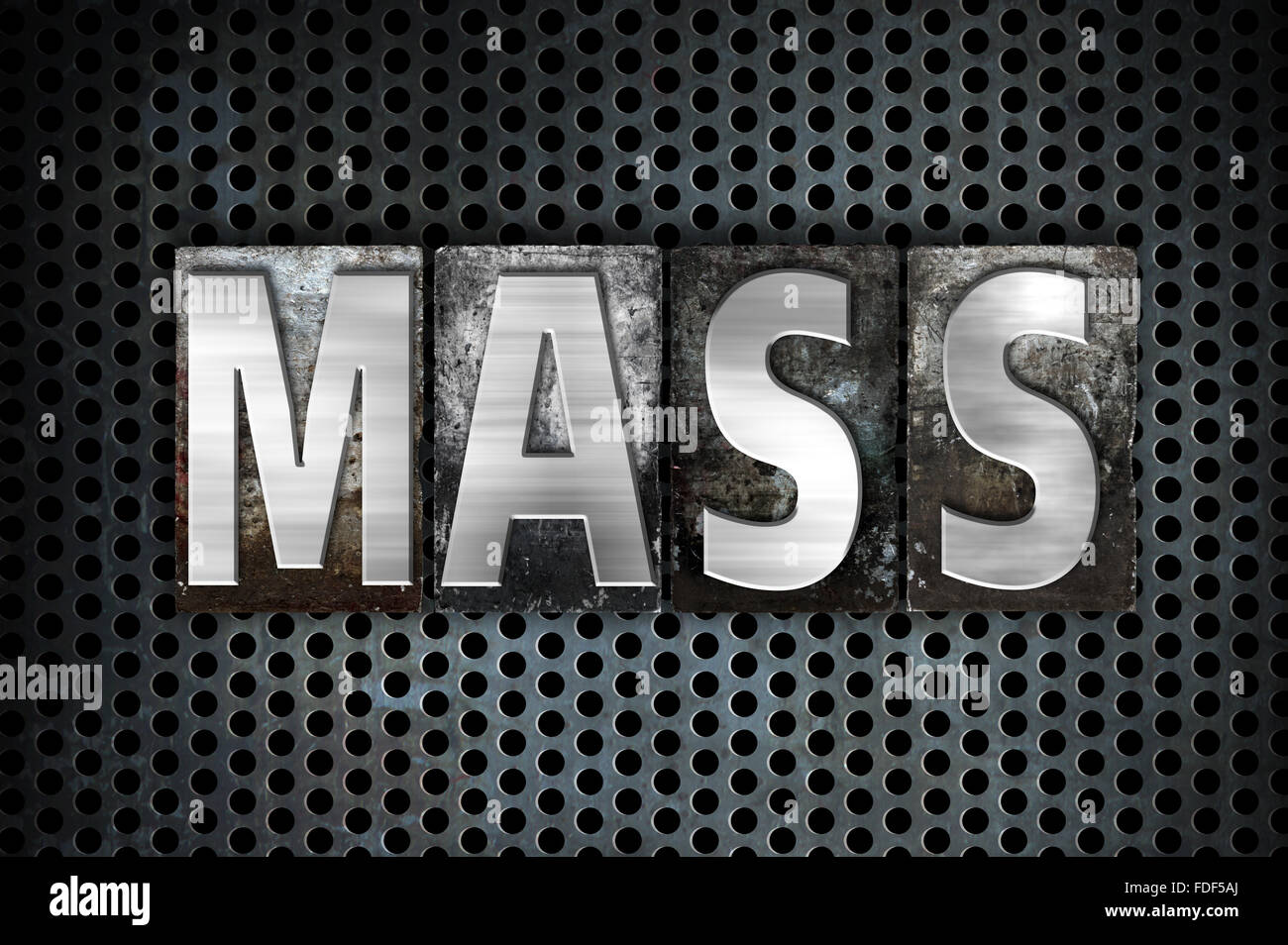 The word "Mass" written in vintage metal letterpress type on a black ...