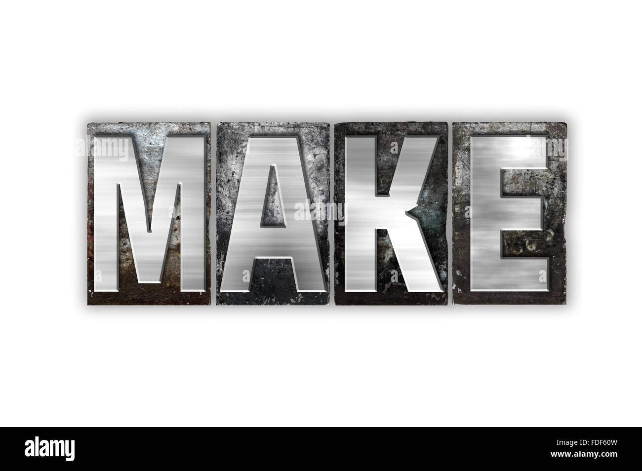 The word "Make" written in vintage metal letterpress type isolated on a ...