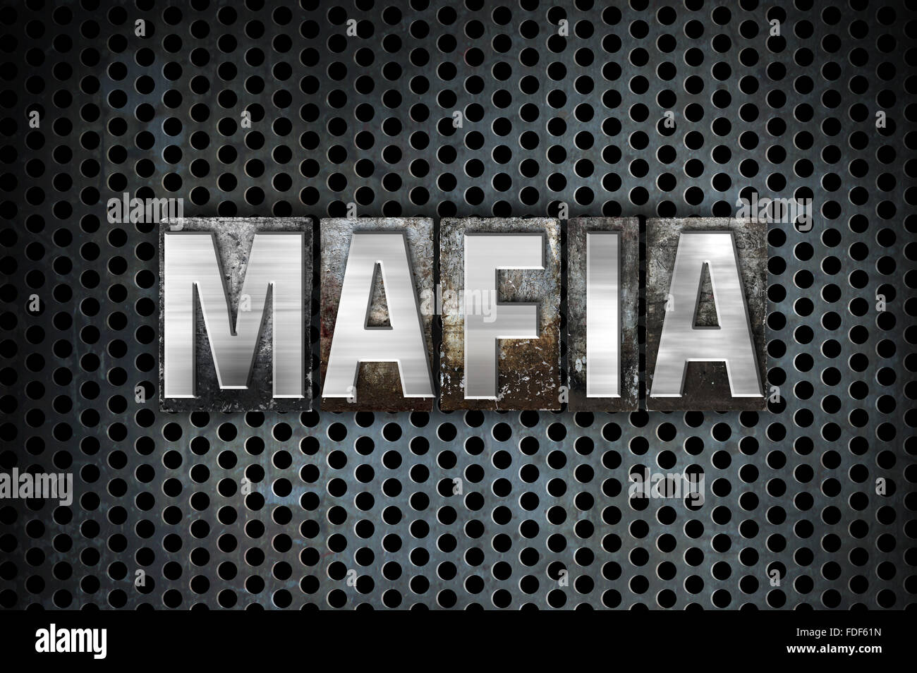 The word "Mafia" written in vintage metal letterpress type on a black ...