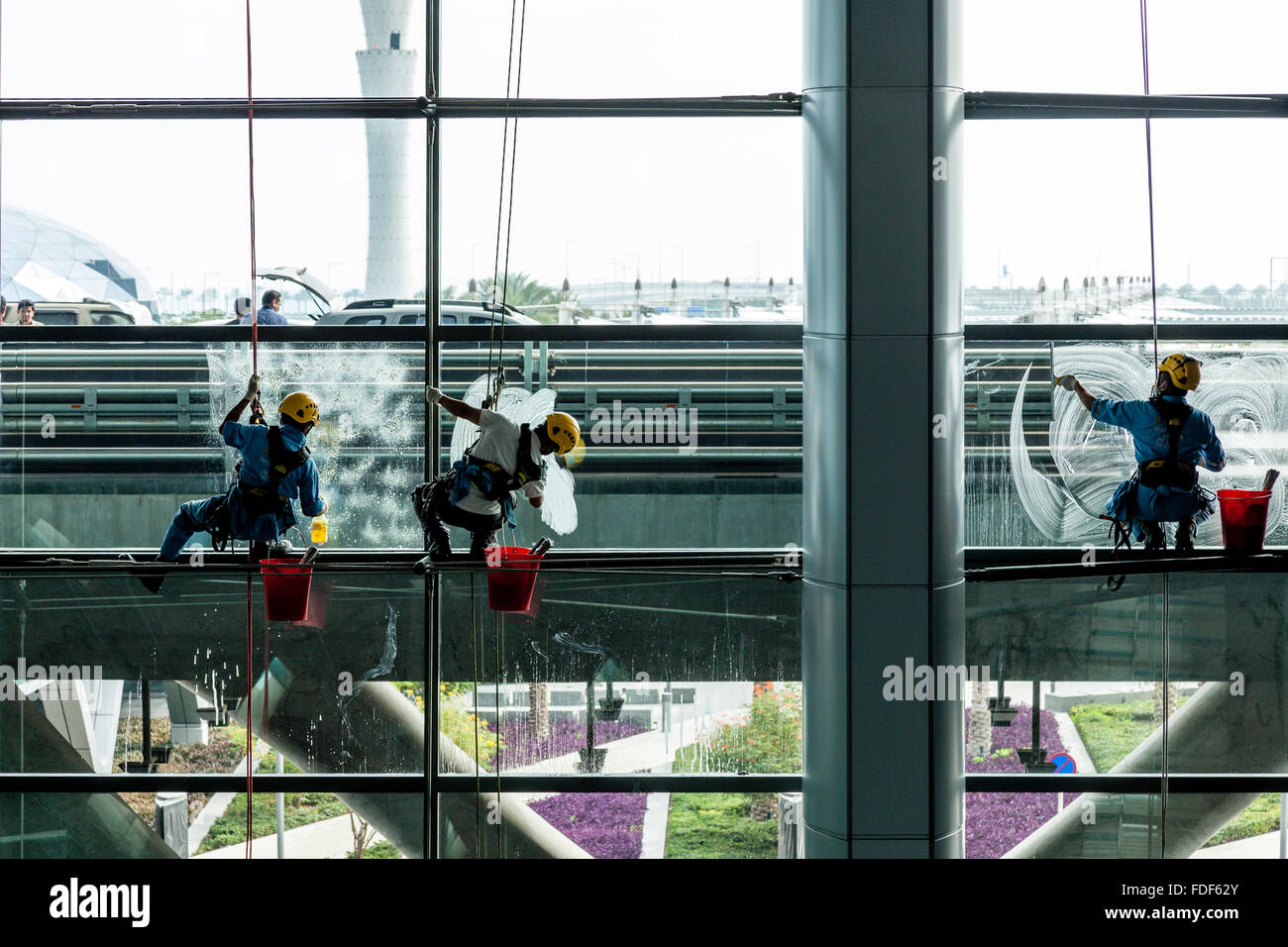 Window Cleaners, Hamad International Airport, Doha, Qatar Stock Photo ...