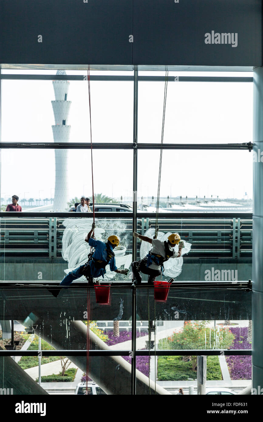 Window Cleaners, Hamad International Airport, Doha, Qatar Stock Photo ...