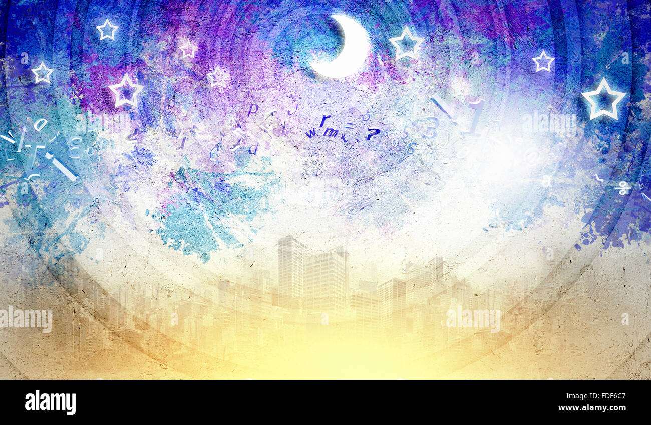 Background image with sun rays and city illustration Stock Photo - Alamy