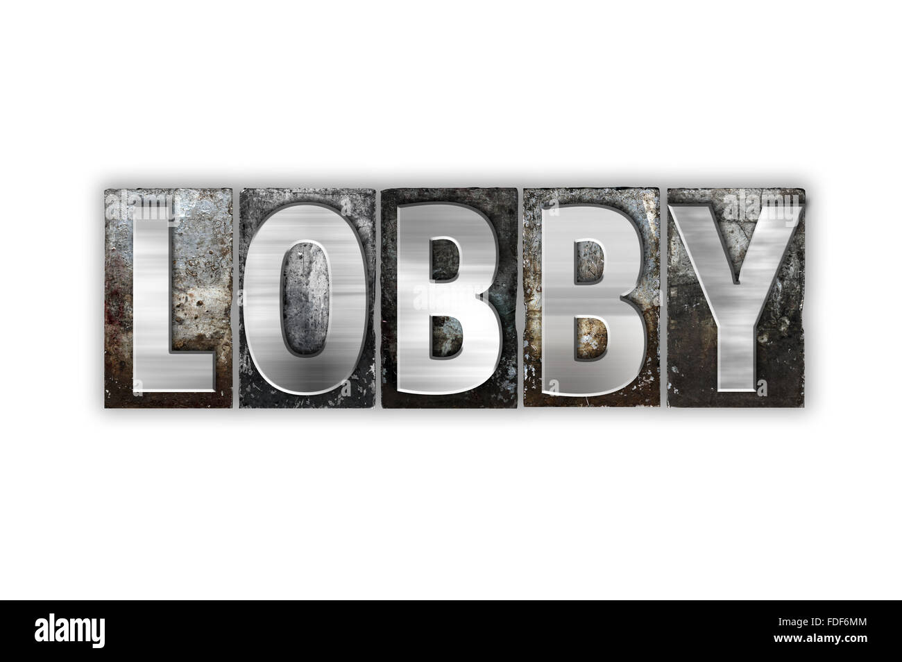 The word "Lobby" written in vintage metal letterpress type isolated on ...