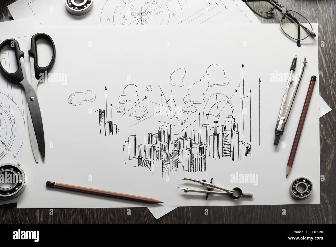 Architectural hand drawn project with set of tools Stock Photo - Alamy