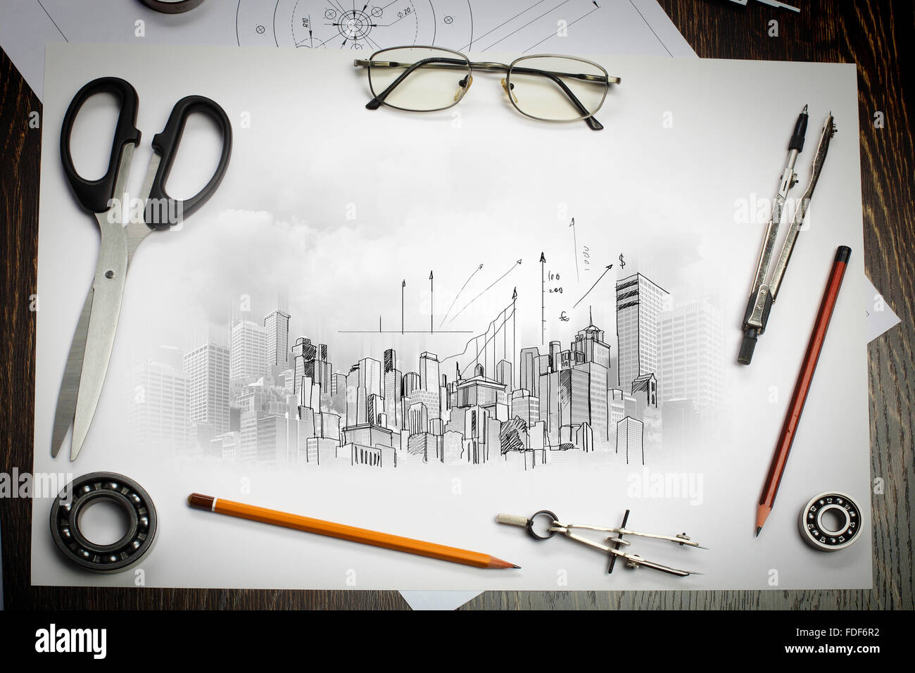 Architectural hand drawn project with set of tools Stock Photo - Alamy
