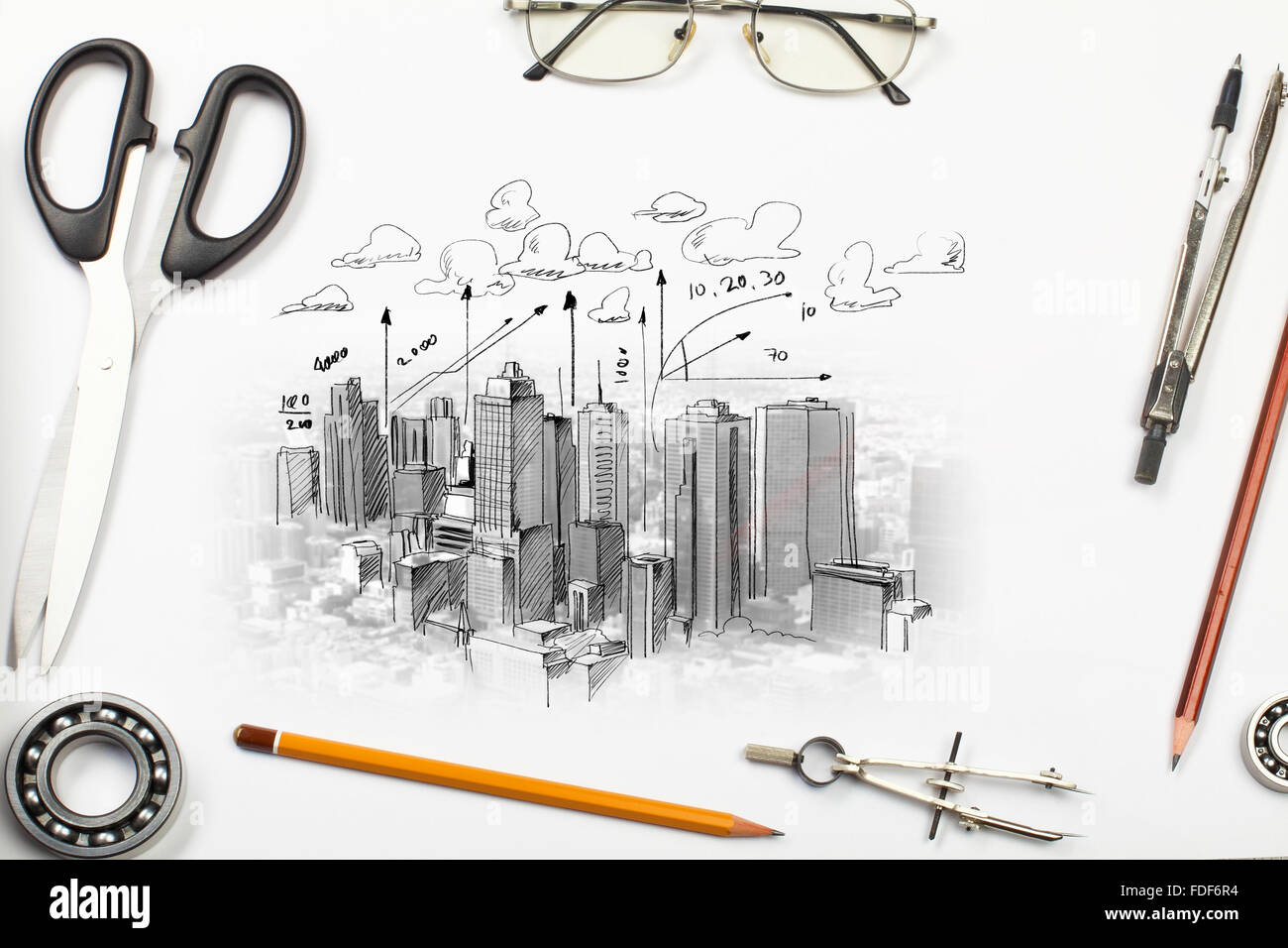 Architectural hand drawn project with set of tools Stock Photo - Alamy