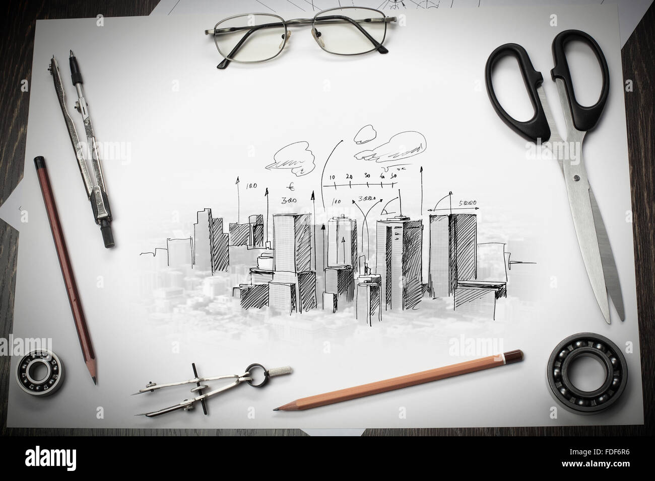 Architectural hand drawn project with set of tools Stock Photo - Alamy
