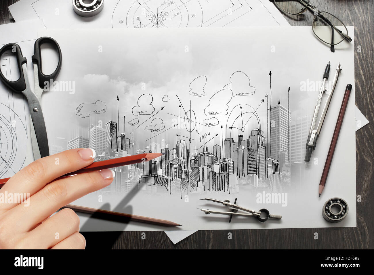 Architectural hand drawn project with set of tools Stock Photo - Alamy