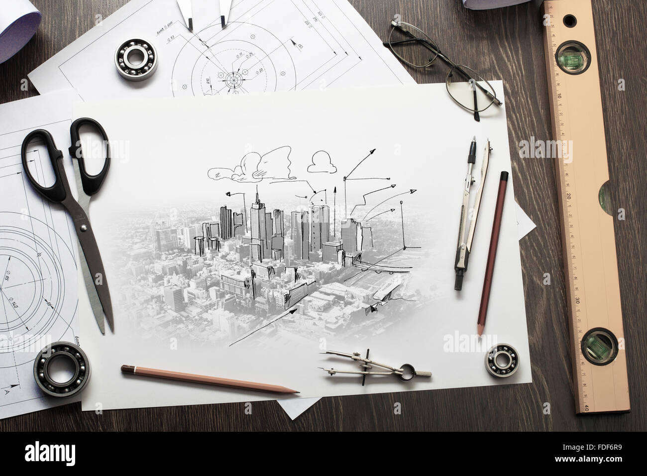 Architectural hand drawn project with set of tools Stock Photo - Alamy